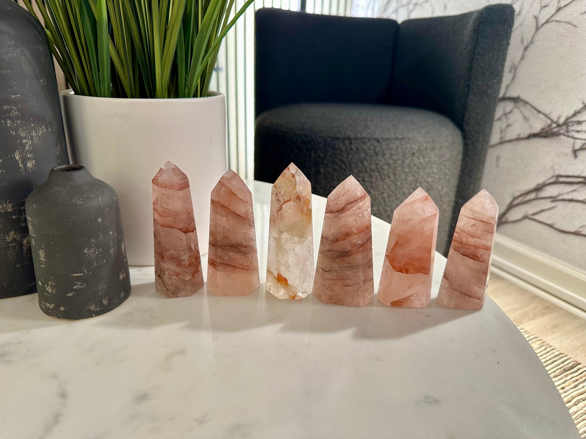 Red Hematoid Quartz obelisks. Hand carved Fire Quartz tower for ground